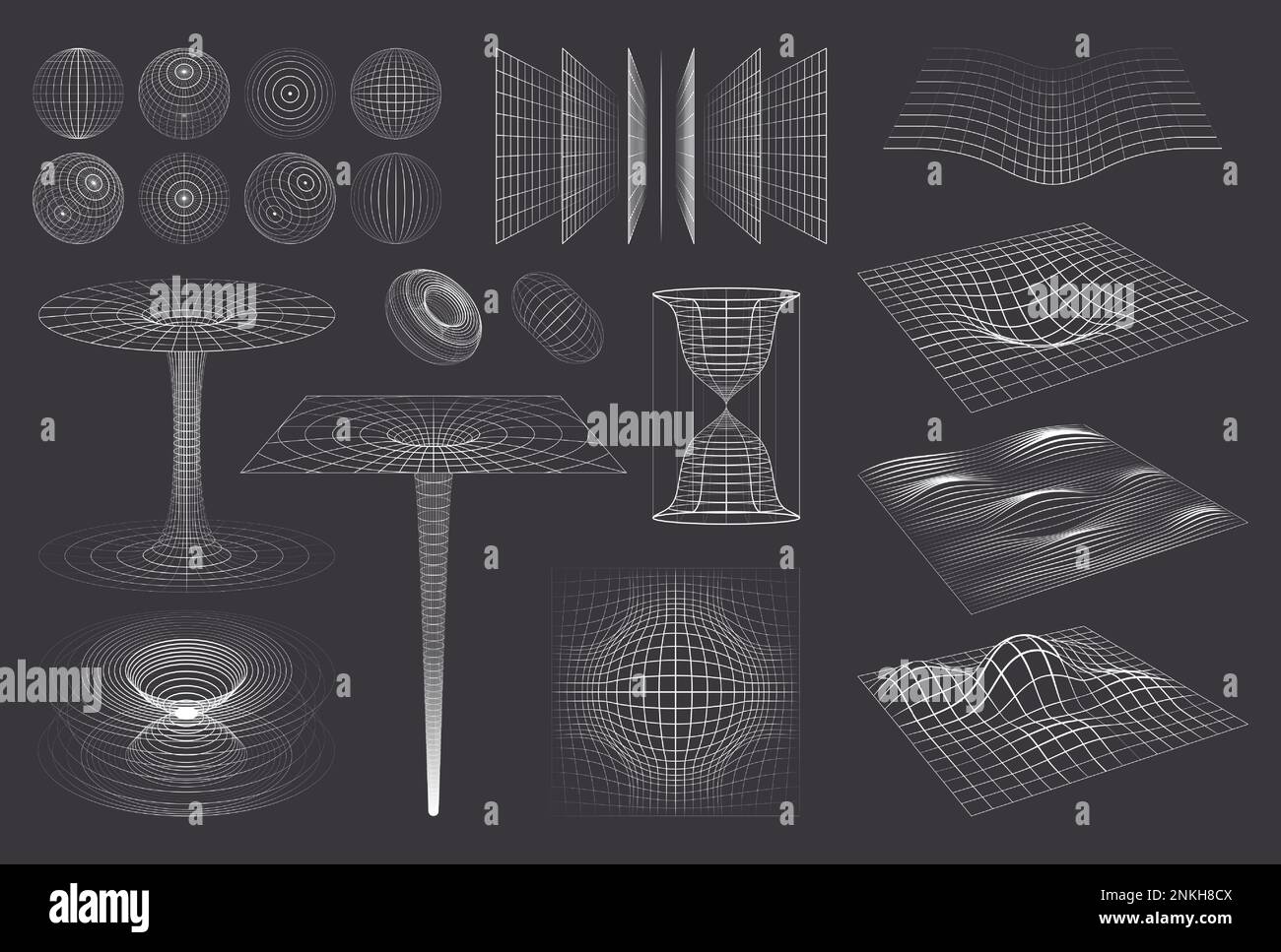 3d shapes grid set with isolated monochrome images of wireframe spheres ...