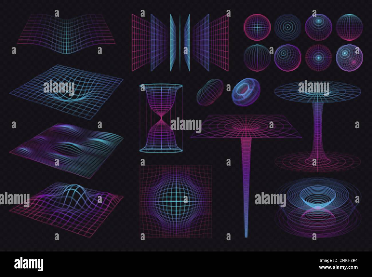 3d shapes set with isolated neon colored illuminating grids waves and ...