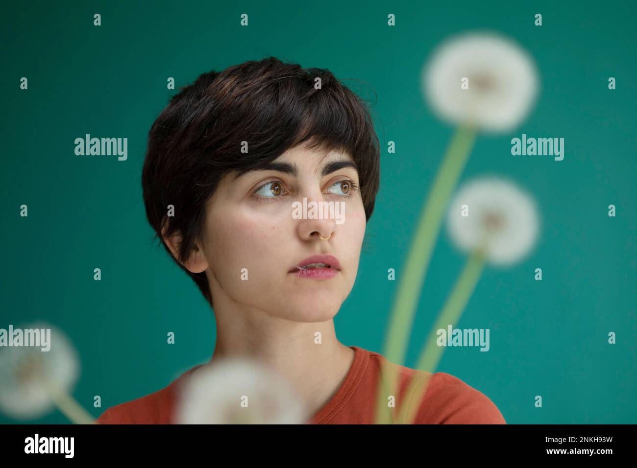 Contemplative woman with dandelions against green background Stock ...