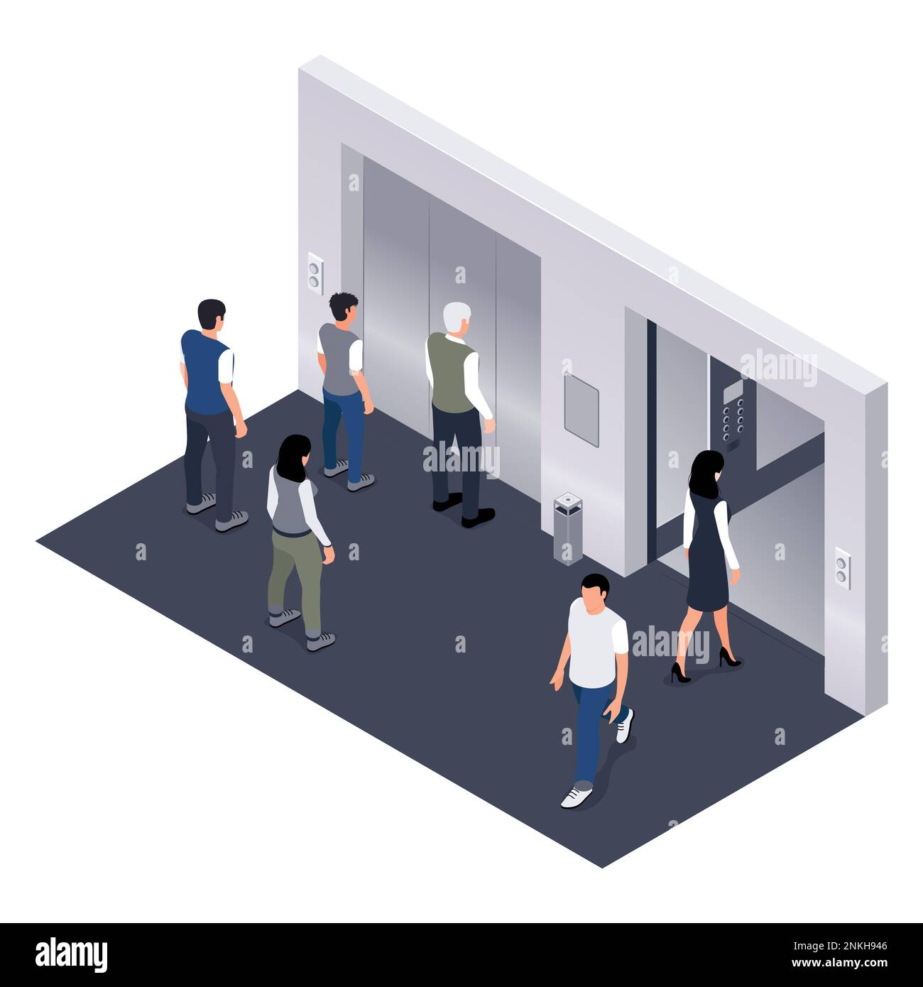 Modern office hall with employees and two passenger elevators isometric ...