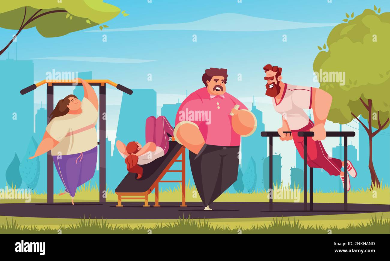 Workout cartoon composition with males and females doing sport outdoors ...