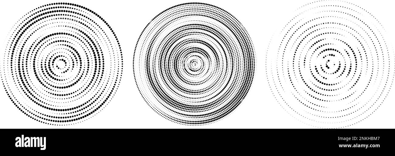 Concentric halftone circles set. Dotted sound wave rings collection ...