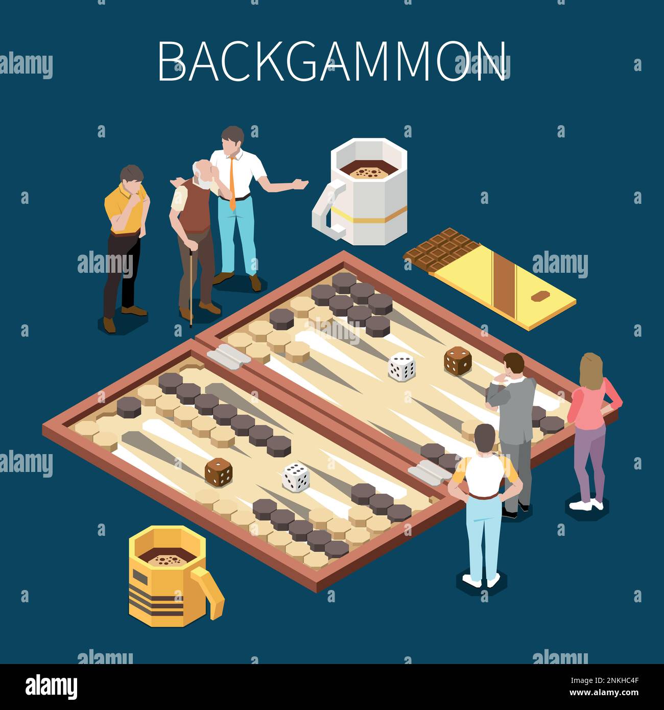 Indoor and table games isometric concept with people around backgammon ...