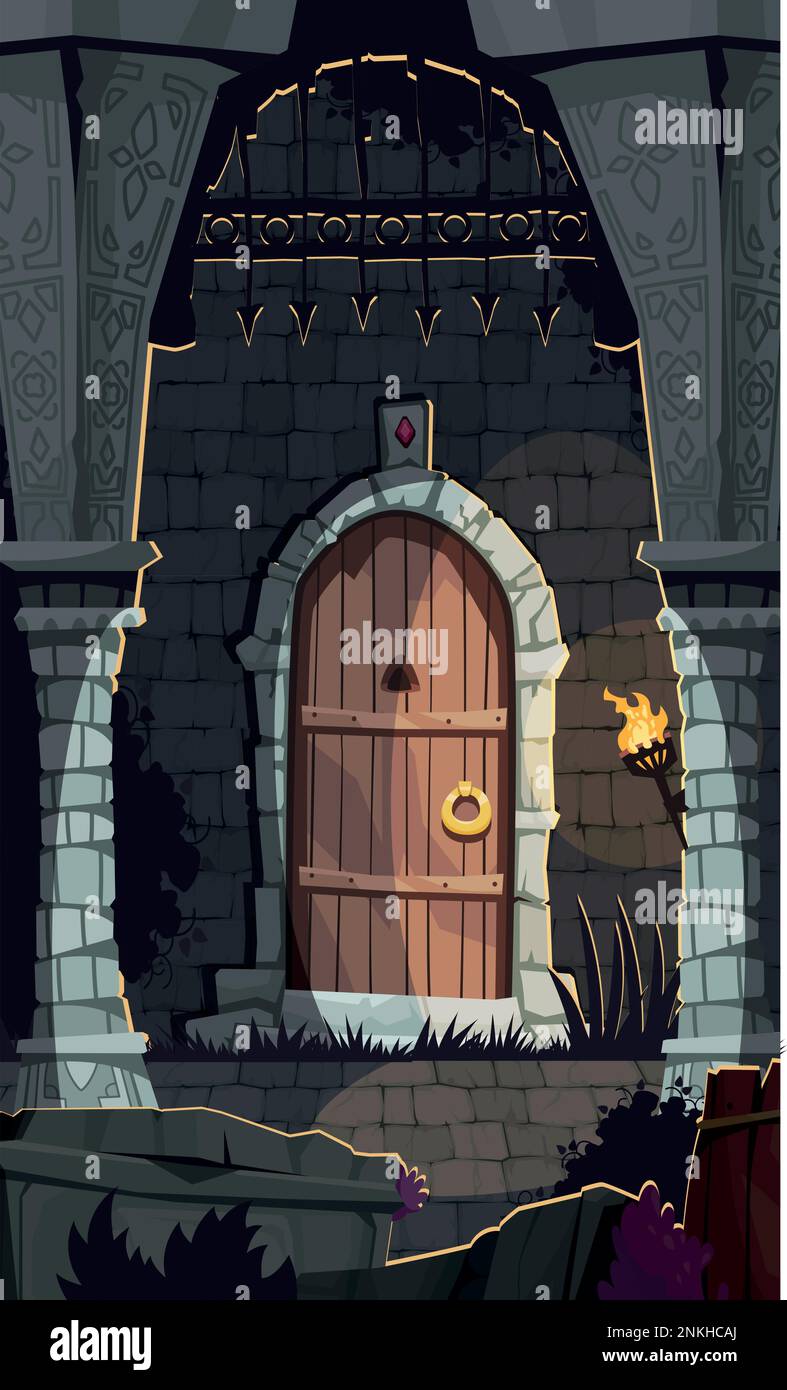 Dungeon cartoon poster with medieval castle door vector illustration ...
