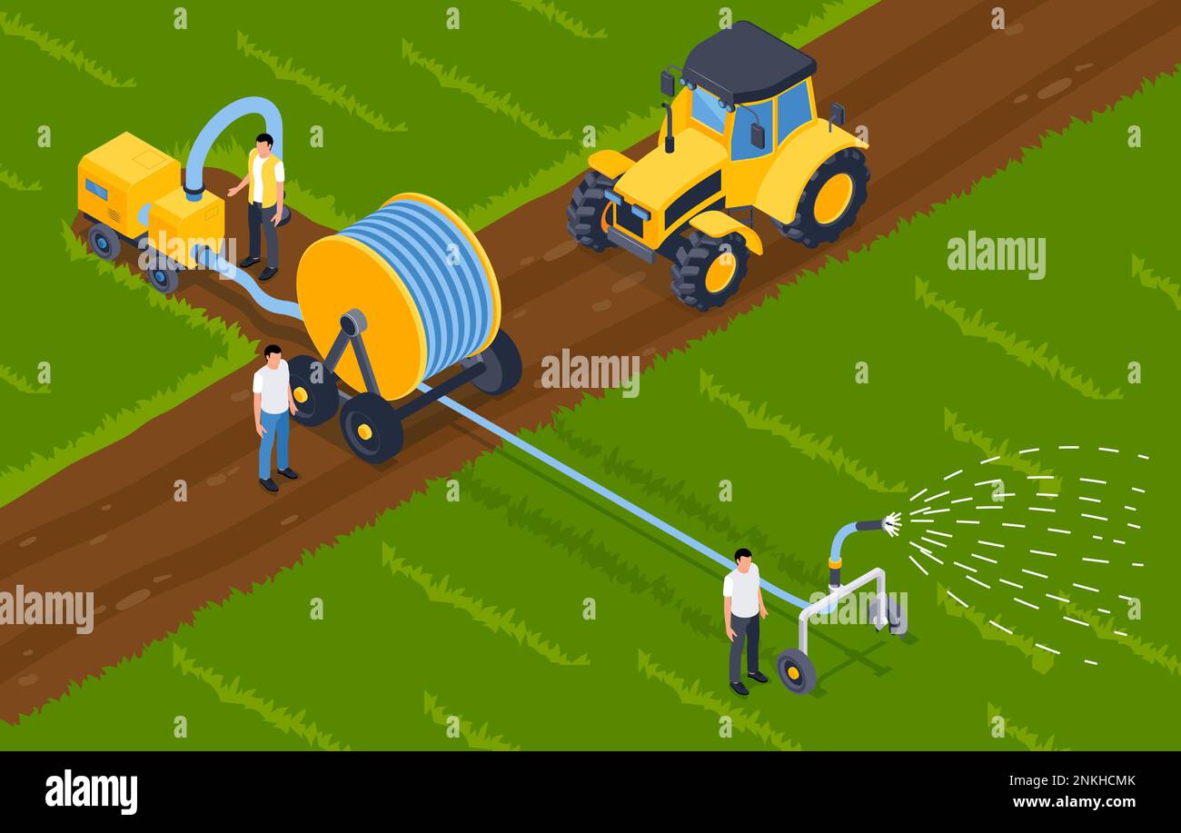 Irrigation systems isometric background with pump and drum machine with ...