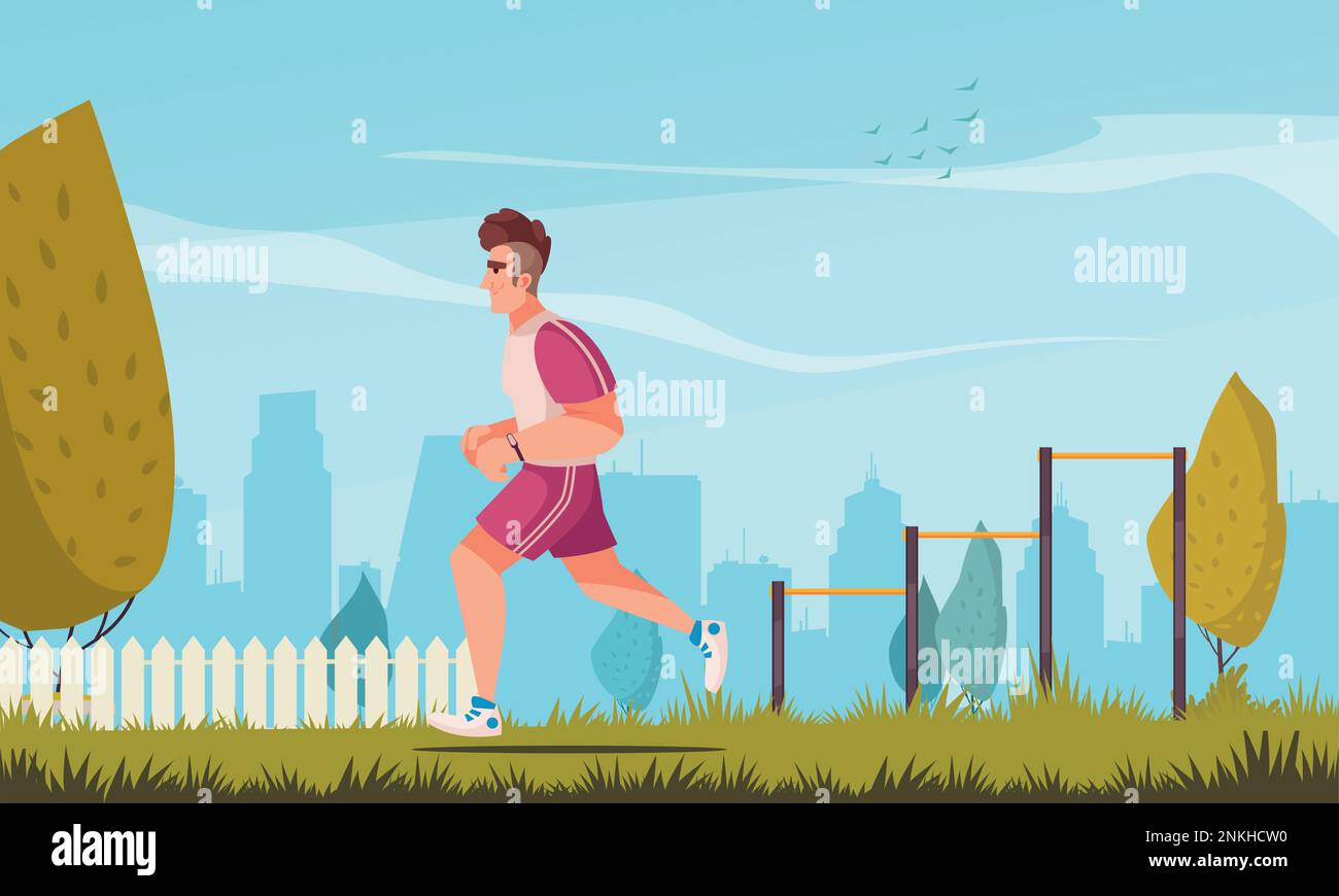 Workout cartoon composition with young man running outdoors vector ...