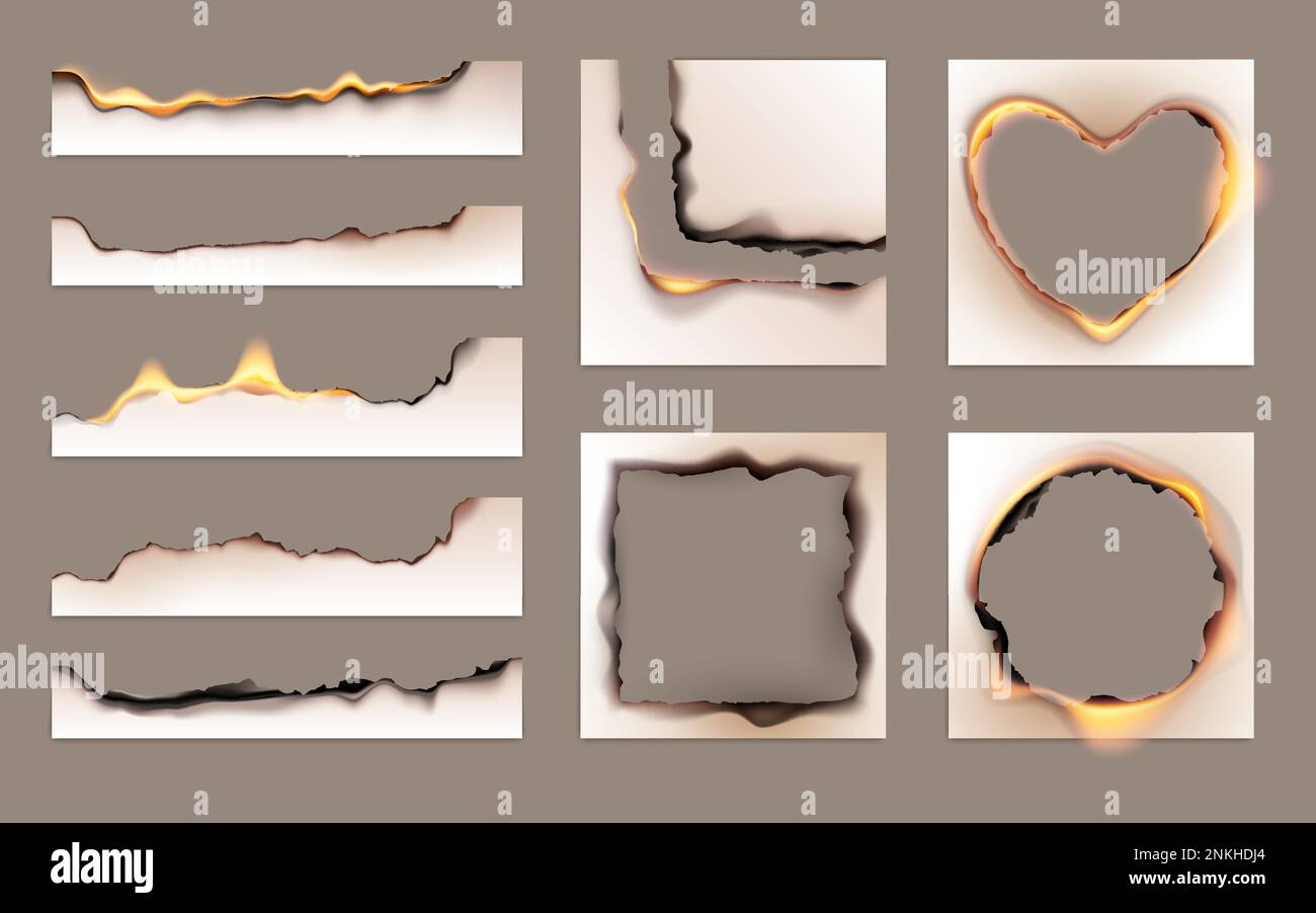Burned paper realistic set with isolated images of paper sheets with ...