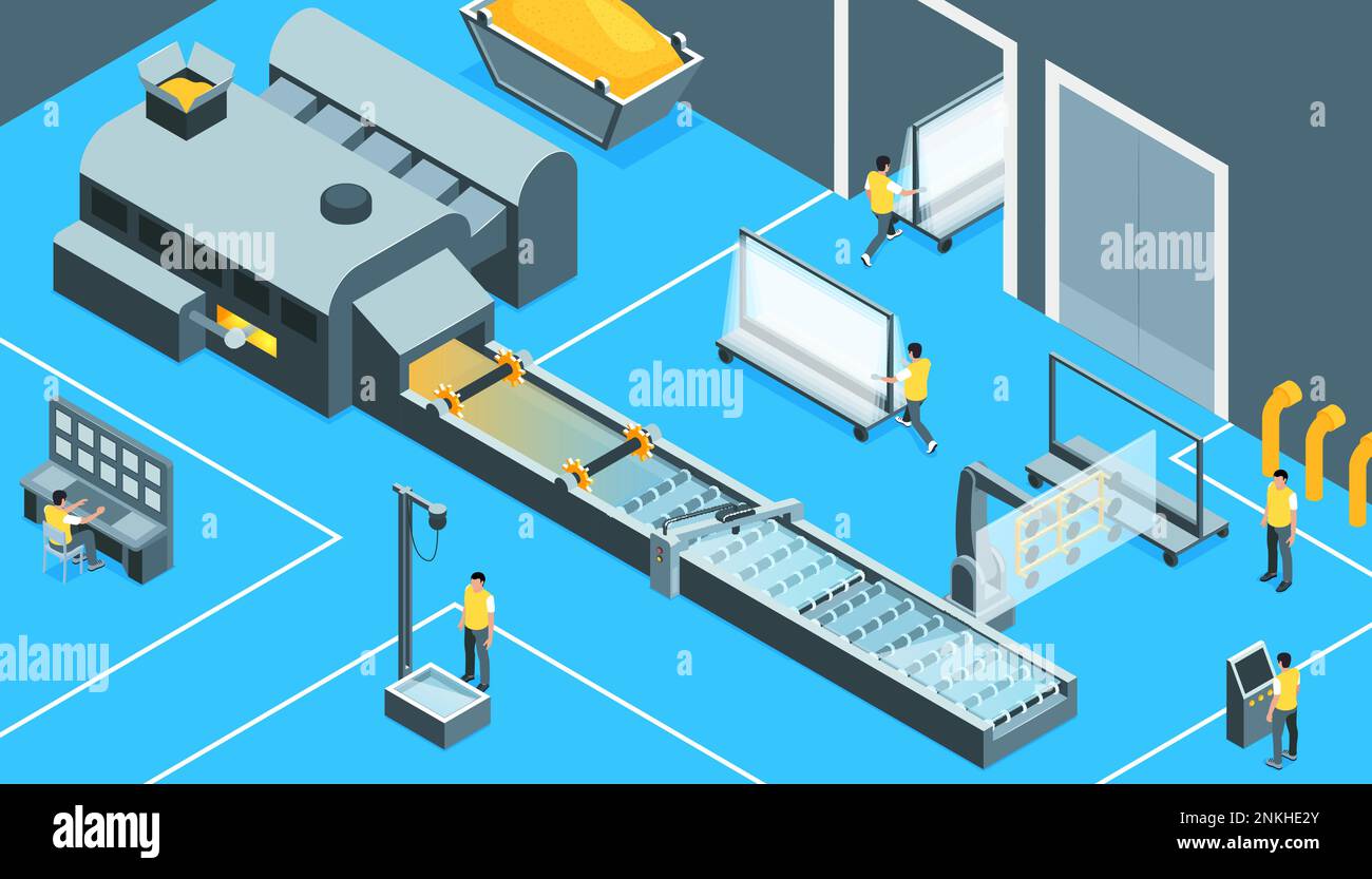 Glass production isometric background illustrated factory floor with ...