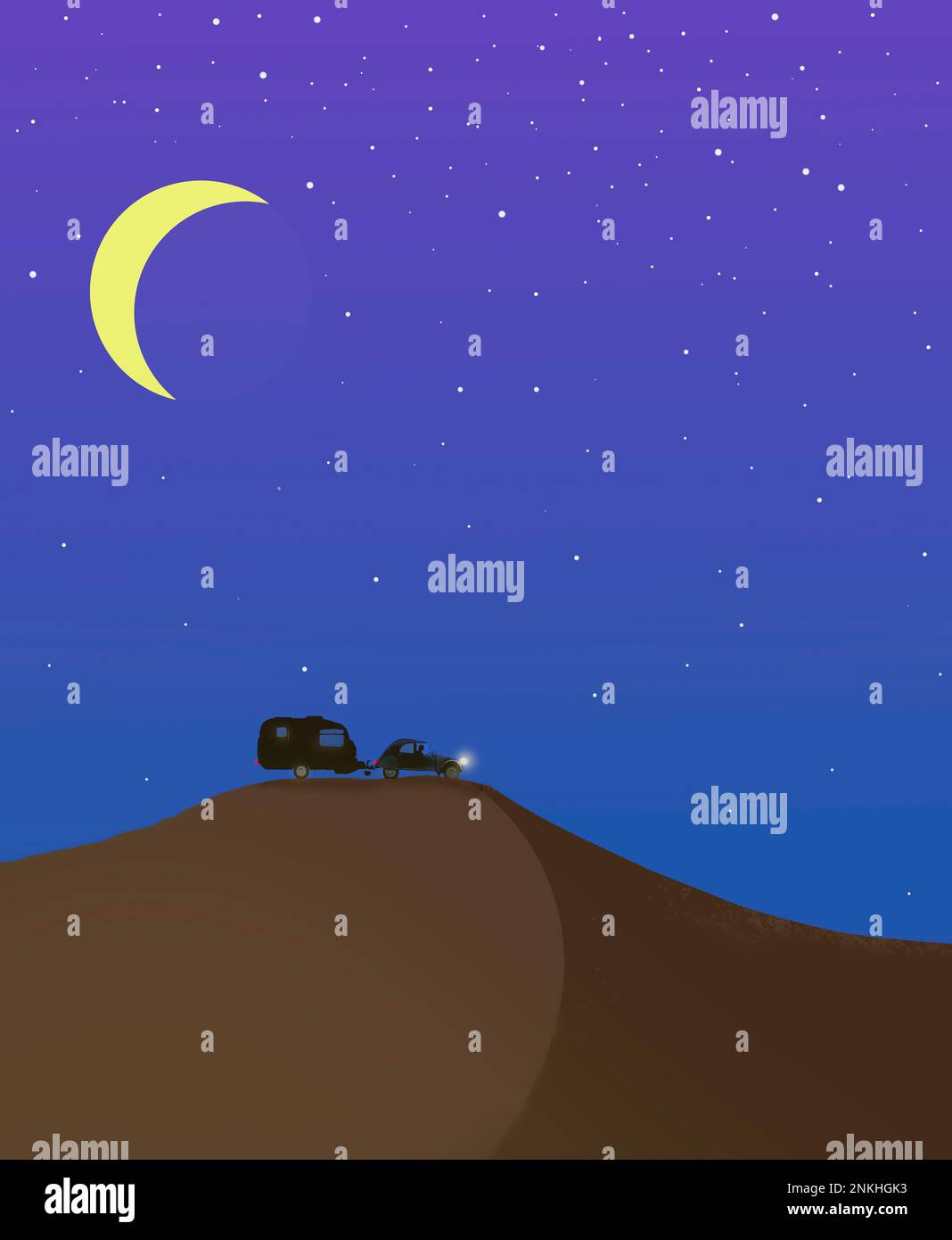 Illustration of crescent moon glowing over car with camper trailer ...