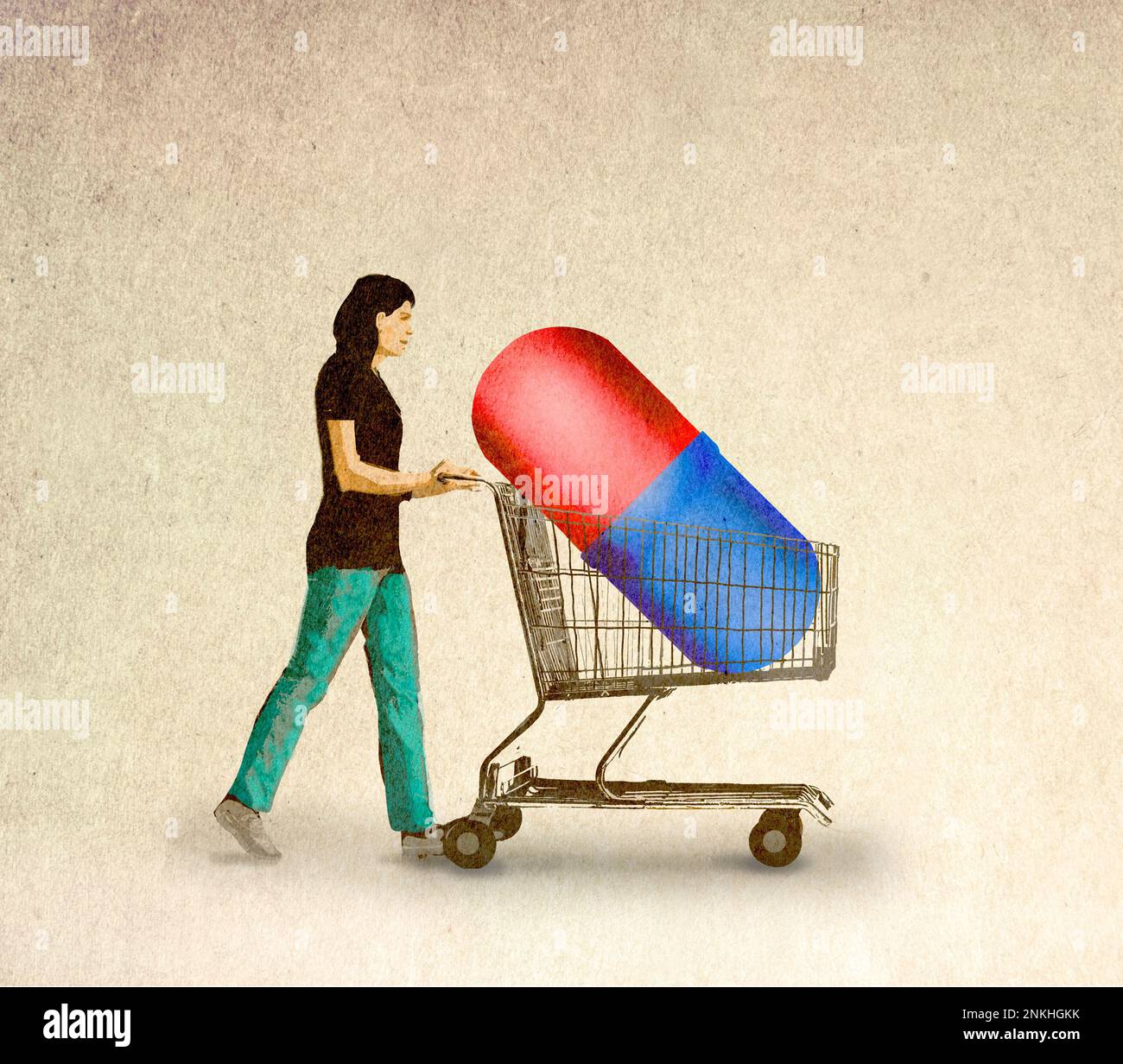Illustration of woman pushing shopping cart with large medical capsule ...