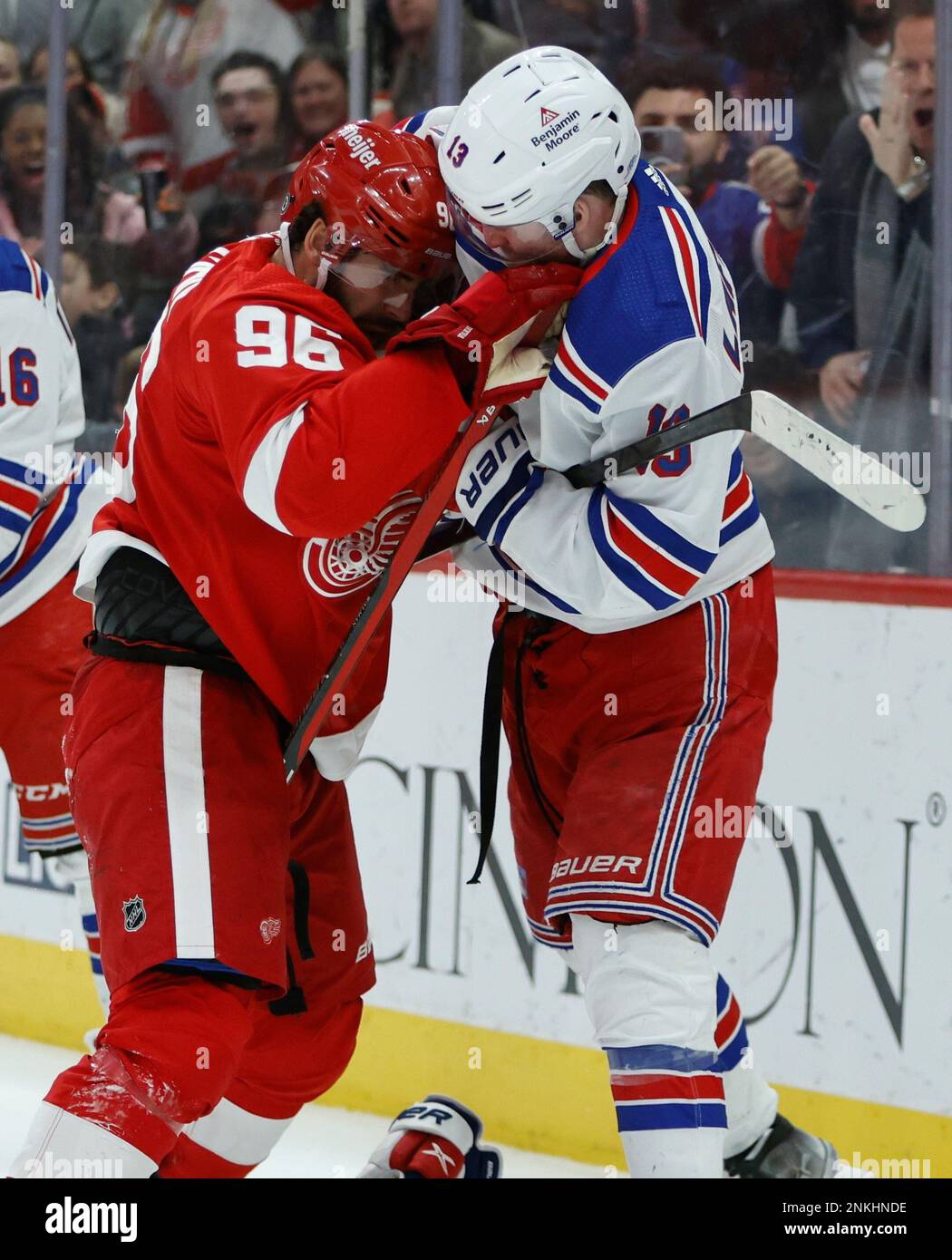 Detroit Red Wings defenseman Jake Walman (96) and New York Rangers left ...