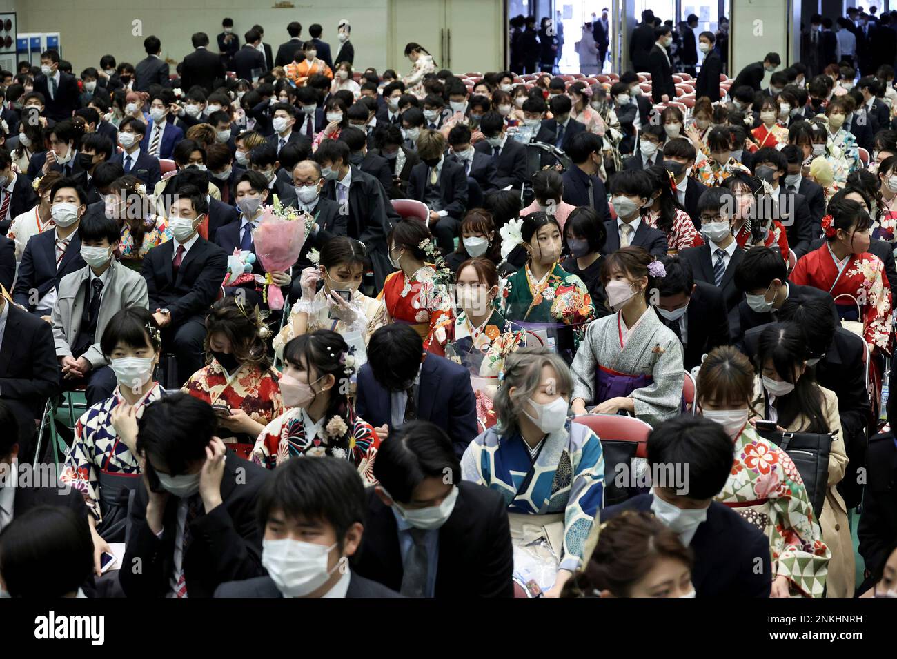 Female students, wearing a hakama, Japanese traditional attire, attend ...