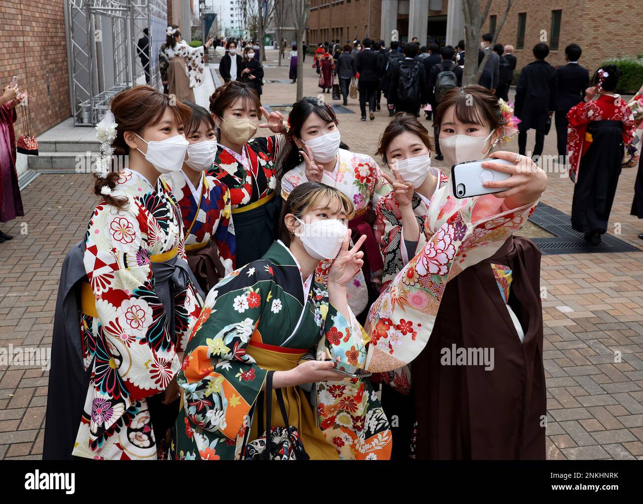 Female students, wearing a hakama, Japanese traditional attire, attend ...