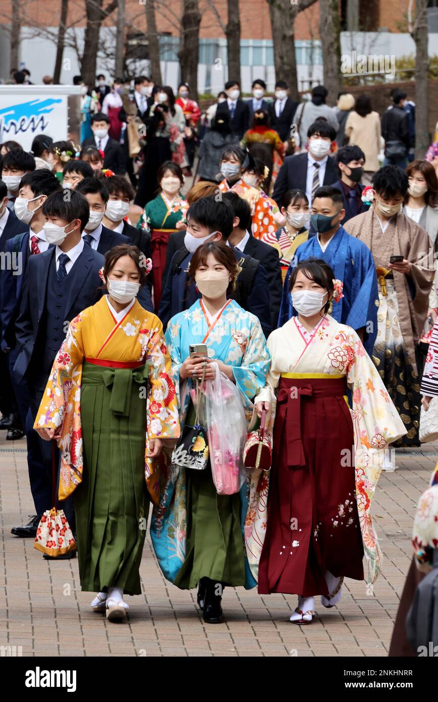 Female students, wearing a hakama, Japanese traditional attire, attend ...