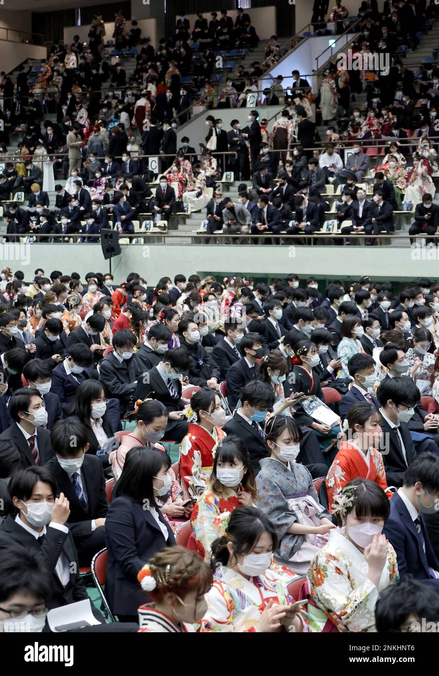 Female students, wearing a hakama, Japanese traditional attire, attend ...