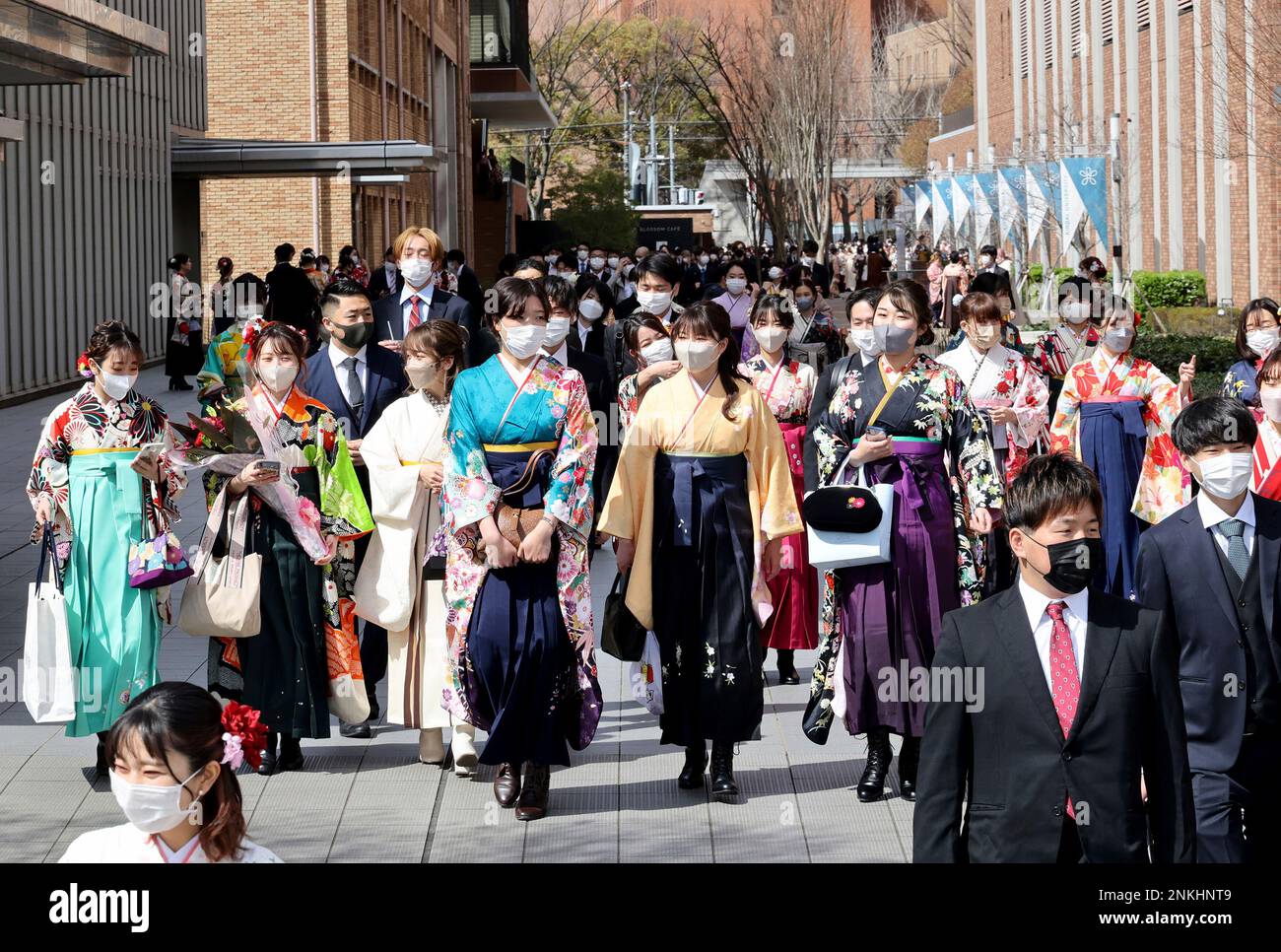 Female students, wearing a hakama, Japanese traditional attire, attend ...