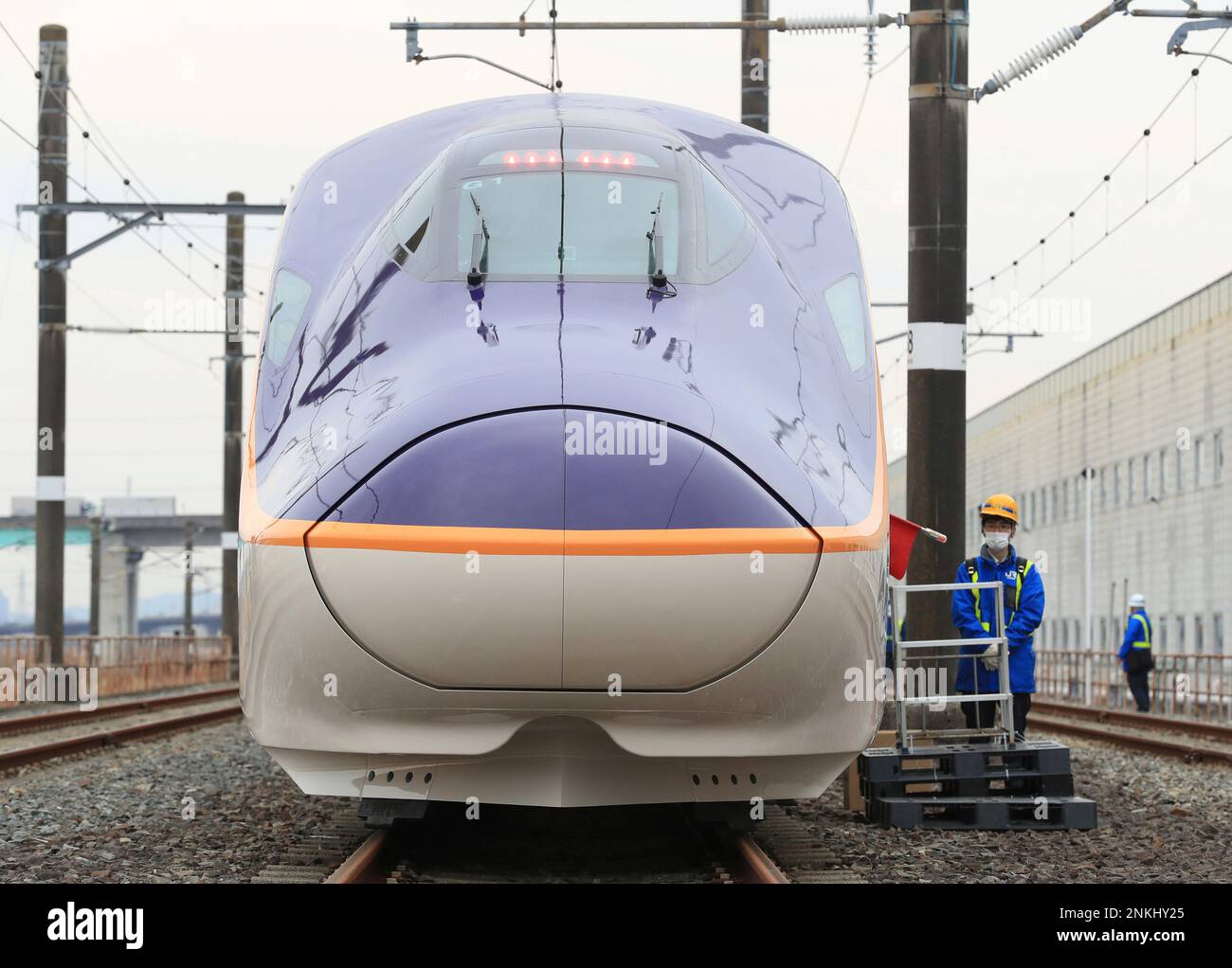 New trains of Yamagata Shinkansen Bullet Train of the E8 series are unveiled to media in Rifu ...