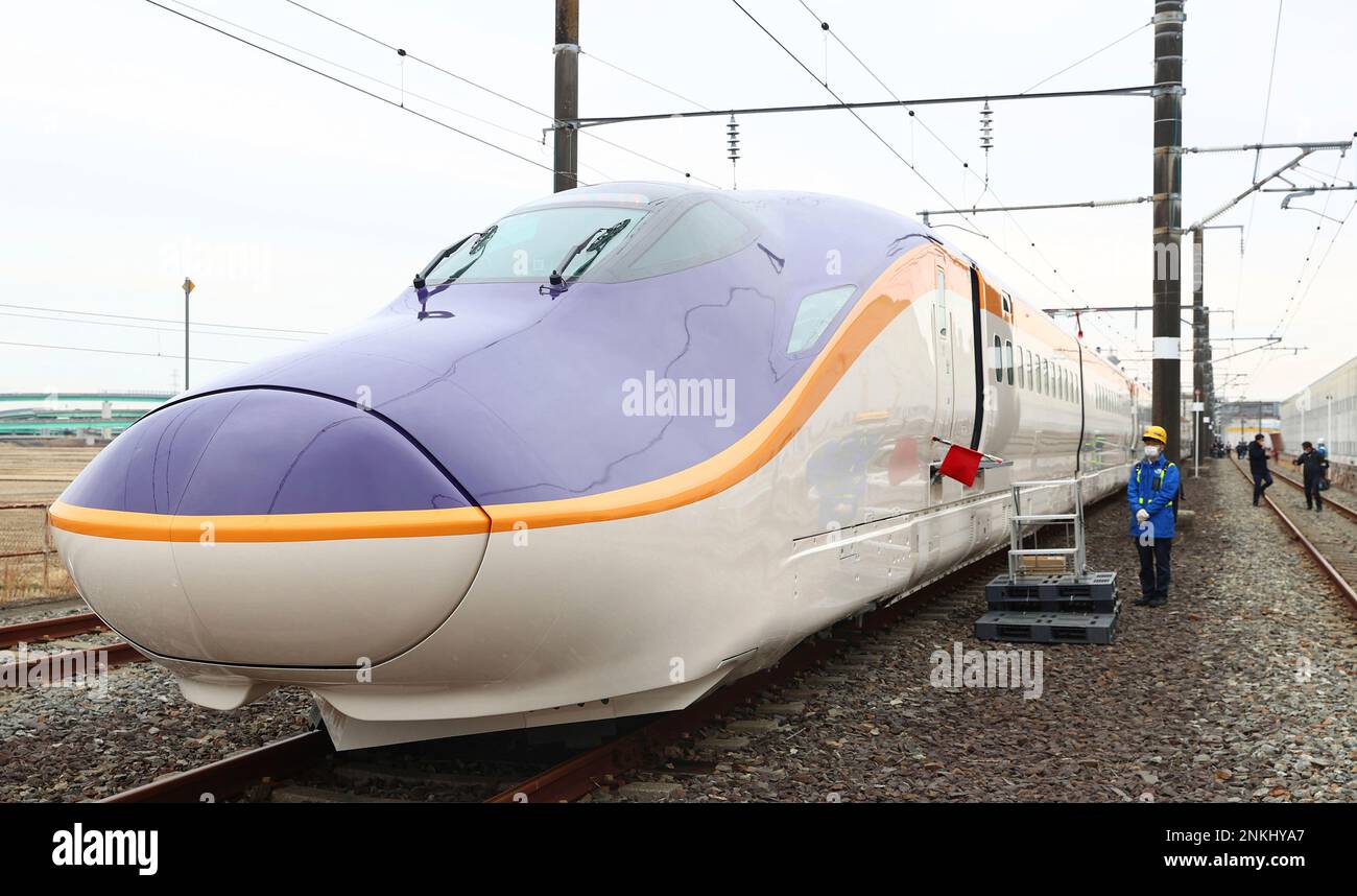 New trains of Yamagata Shinkansen Bullet Train of the E8 series are unveiled to media in Rifu ...