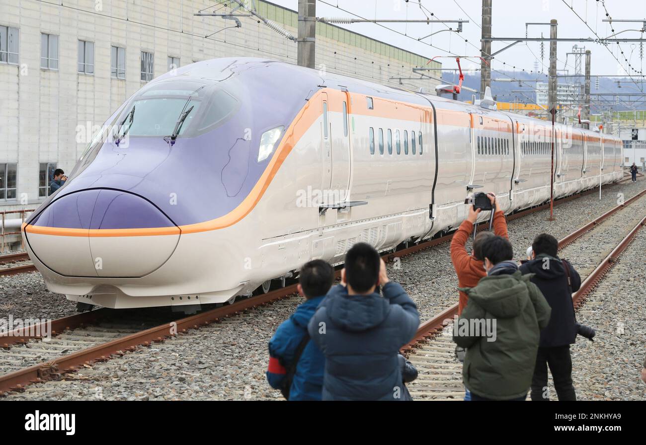 New trains of Yamagata Shinkansen Bullet Train of the E8 series are unveiled to media in Rifu ...