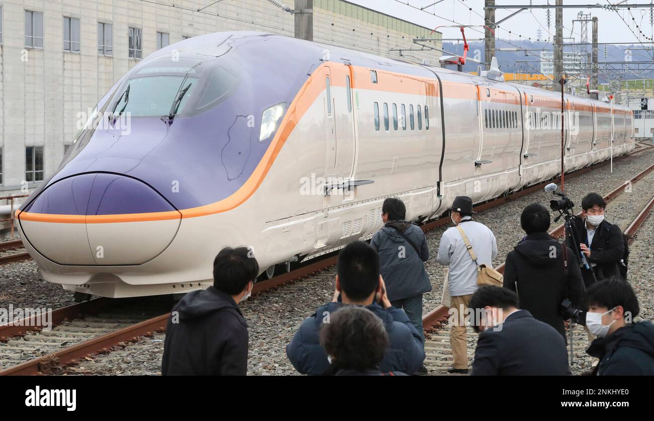 New trains of Yamagata Shinkansen Bullet Train of the E8 series are unveiled to media in Rifu ...