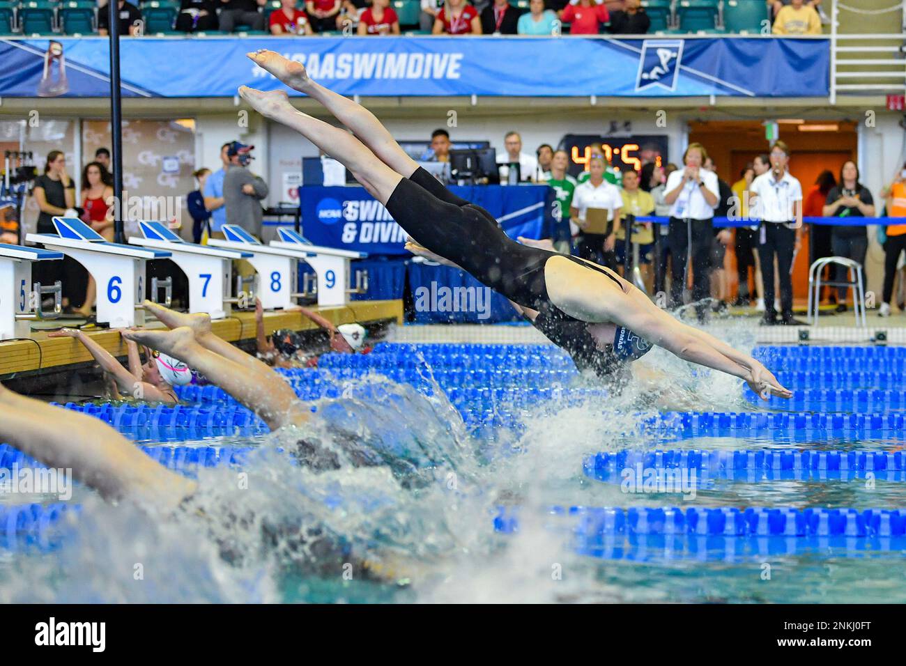 ATLANTA, GA - MARCH 17: University of Pennsylvania swimmer Lia Thomas dives off the starting ...