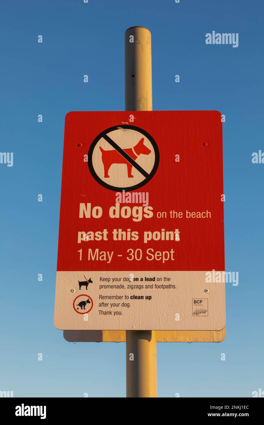 England, Dorset, Poole, Sandbanks Beach, Dog Walking Regulation Sign ...