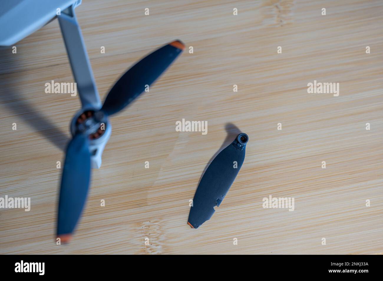 Damaged plastic drone rotor propeller blade caused by flying into an ...
