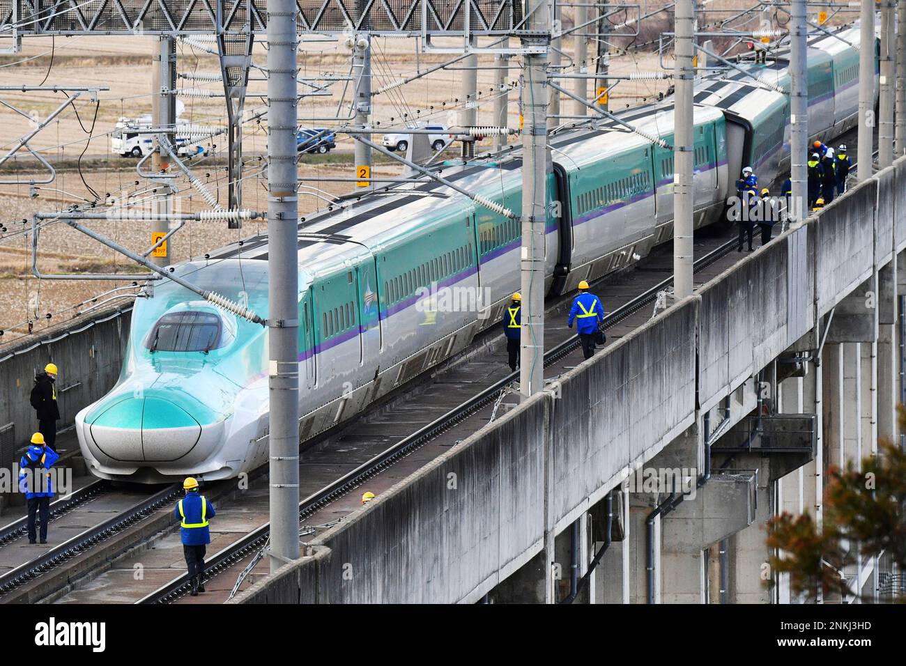 A photo shows the shinkansen (bullet train) which was derailed due to ...