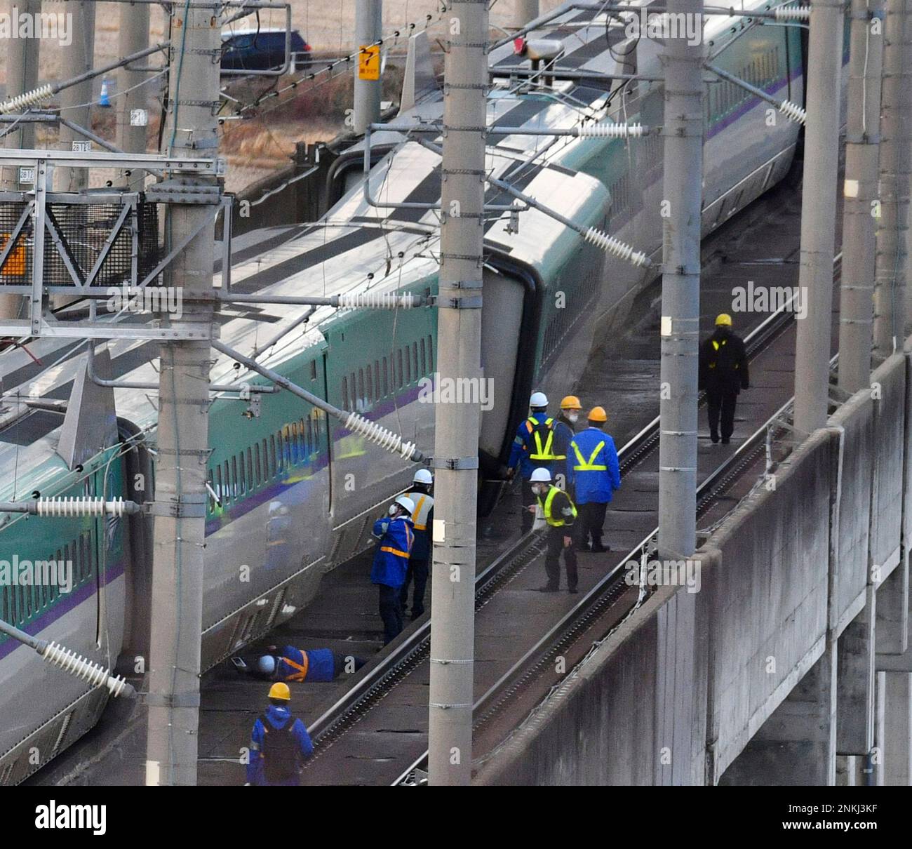 A photo shows the shinkansen (bullet train) which was derailed due to ...