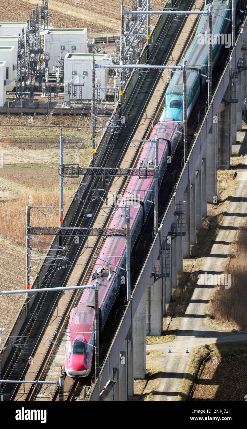 An aerial photo shows the shinkansen bullet train which was derailed ...