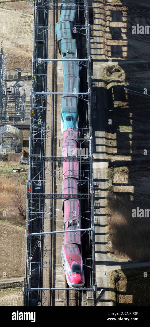 An aerial photo shows the shinkansen bullet train which was derailed ...