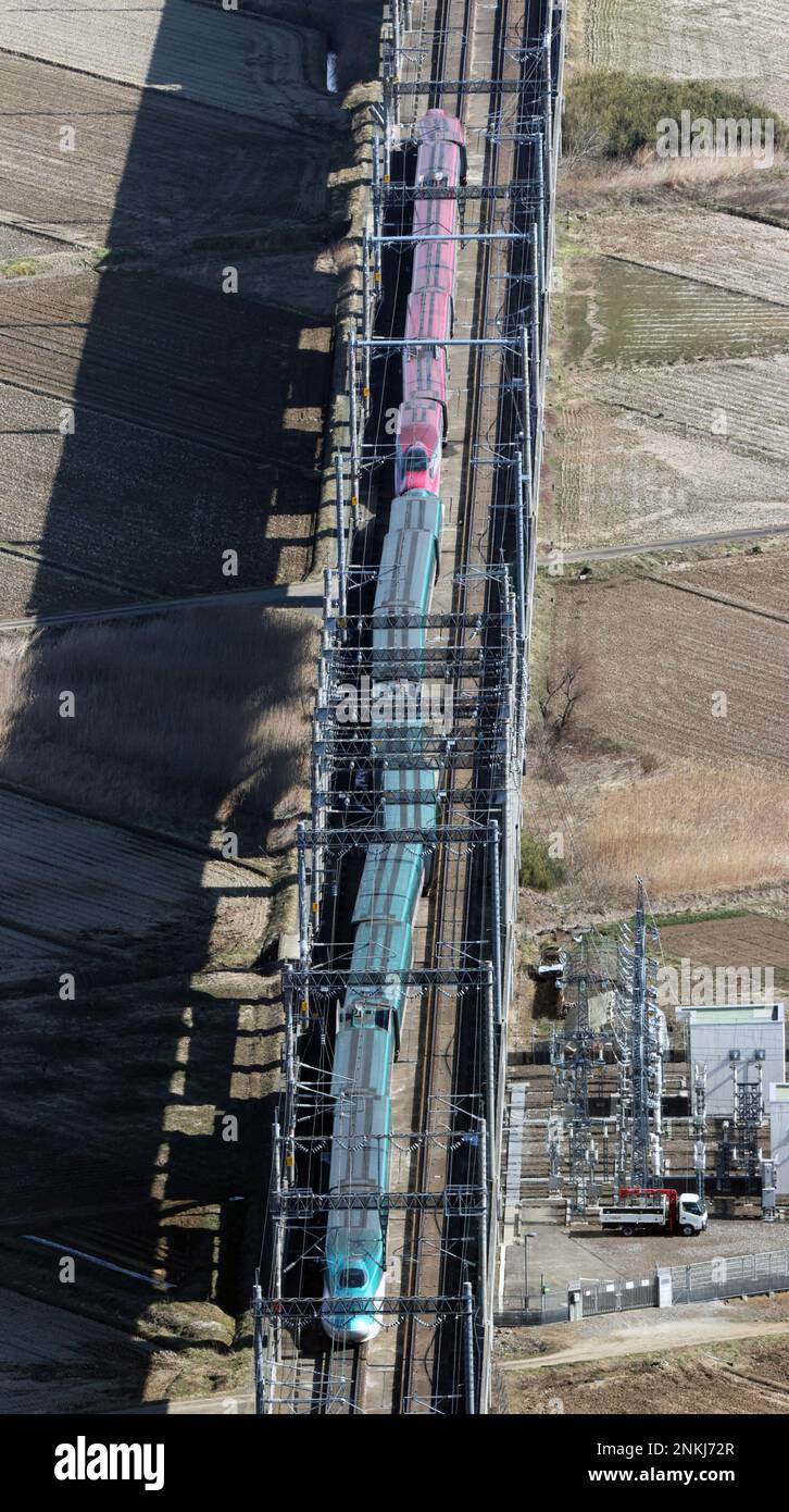 An aerial photo shows the shinkansen bullet train which was derailed ...