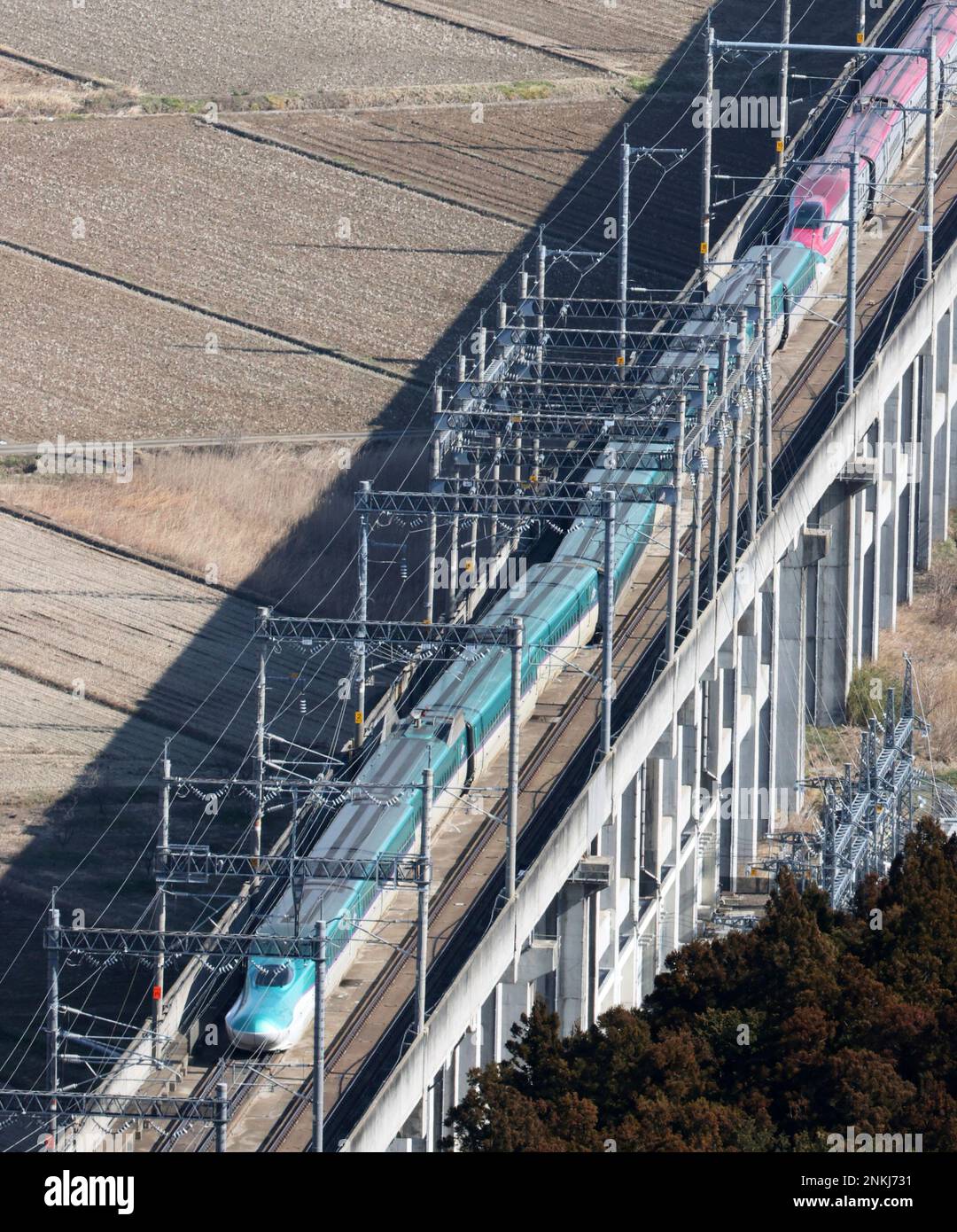 An aerial photo shows the shinkansen bullet train which was derailed ...