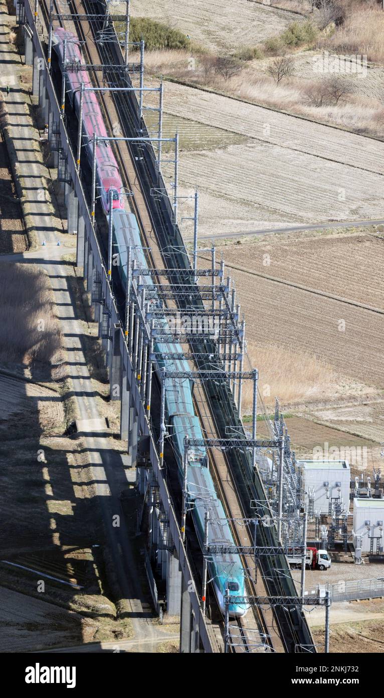 An aerial photo shows the shinkansen bullet train which was derailed ...