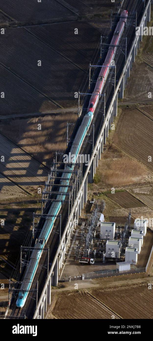 An aerial photo shows the shinkansen bullet train which was derailed ...