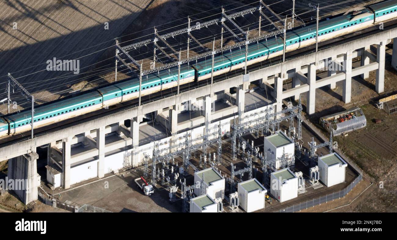 An aerial photo shows the shinkansen bullet train which was derailed ...