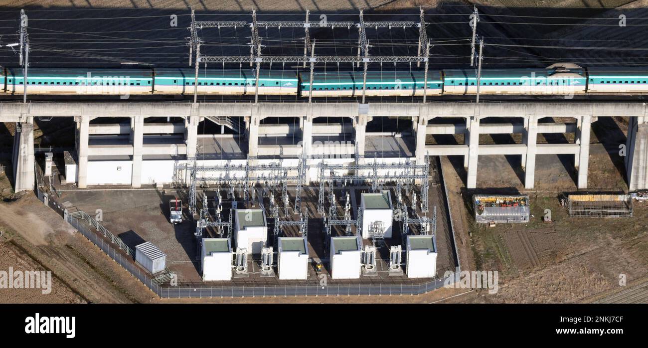 An aerial photo shows the shinkansen bullet train which was derailed ...