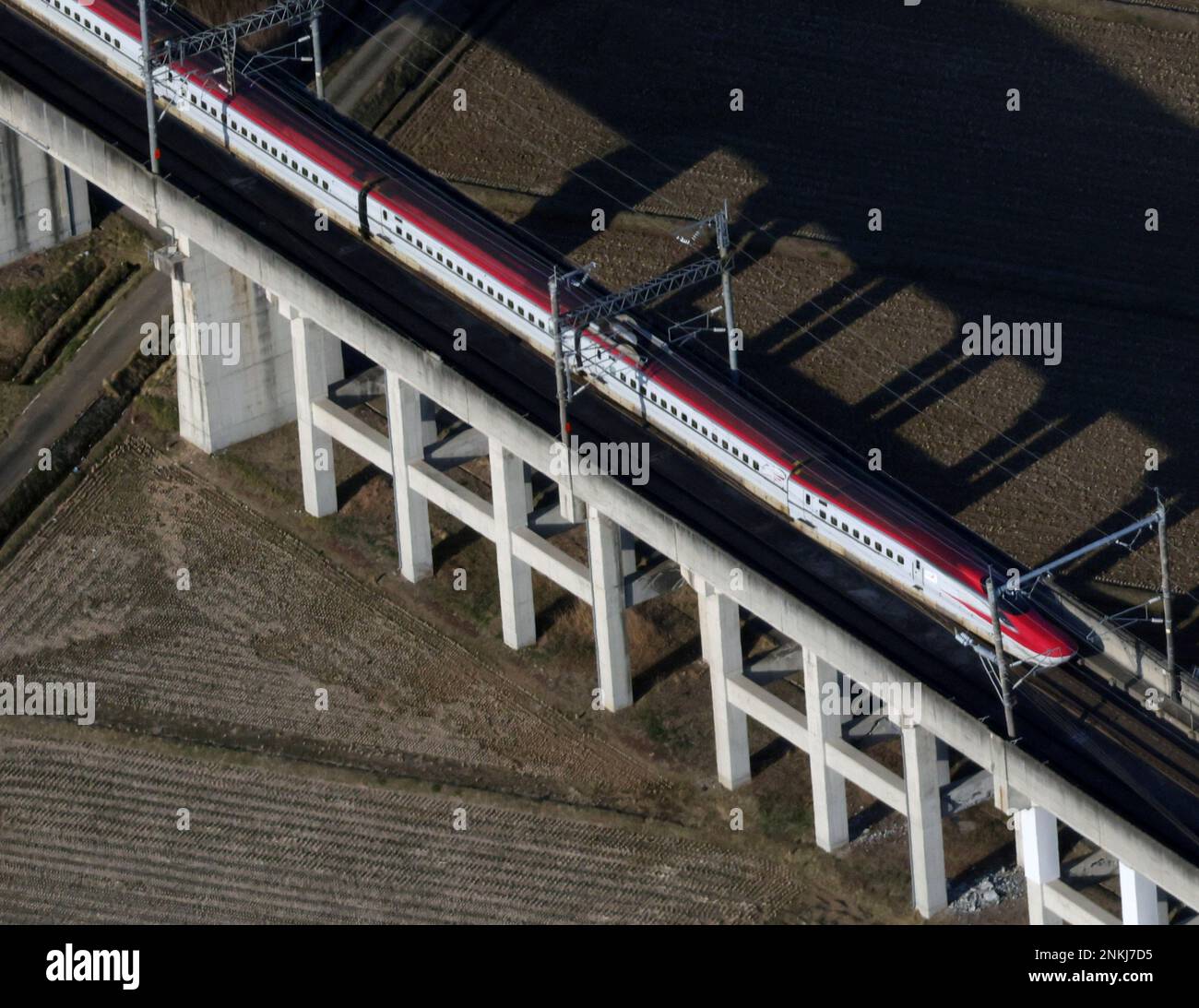 An aerial photo shows the shinkansen bullet train which was derailed ...
