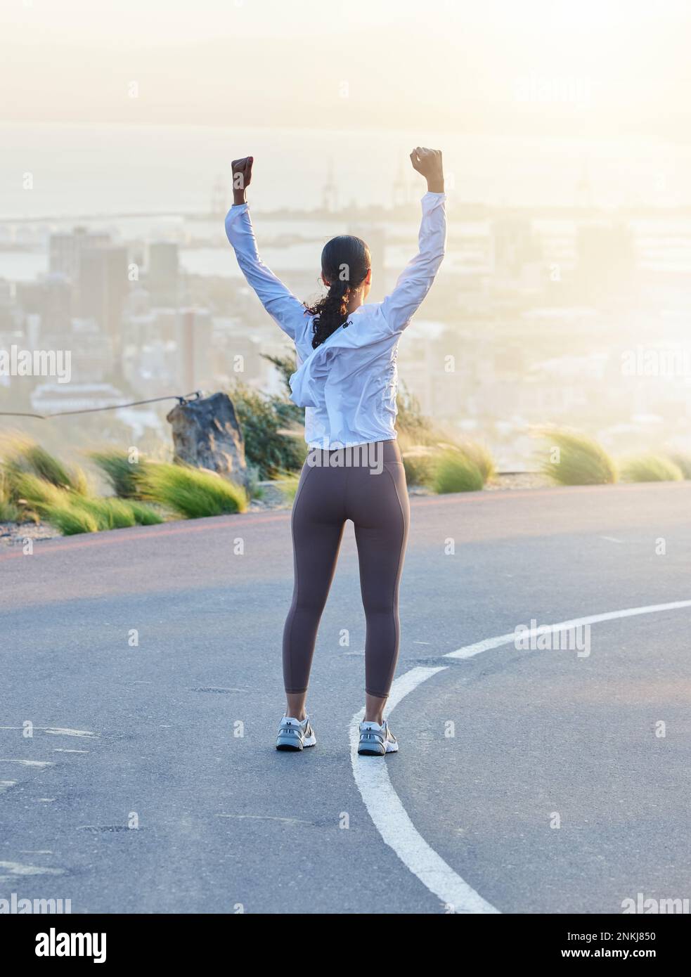 Run celebration, woman winner and fitness goal of a excited and happy ...