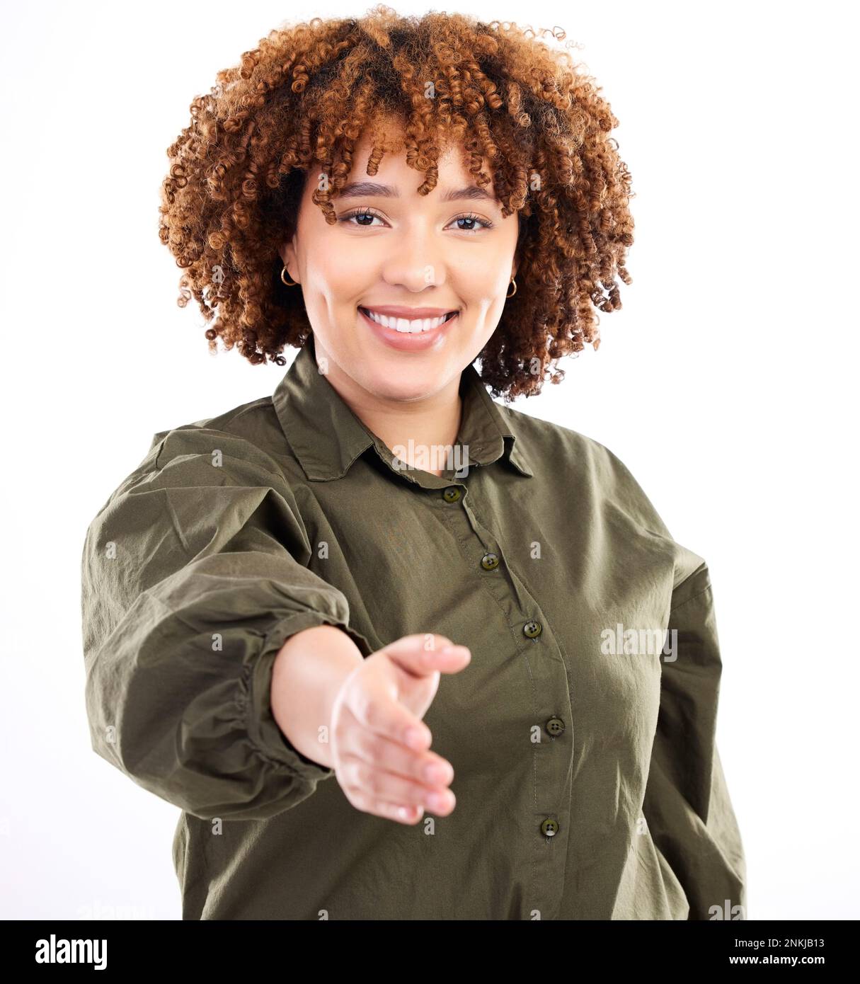 Welcome, handshake and portrait black woman with hand out, smile and ...