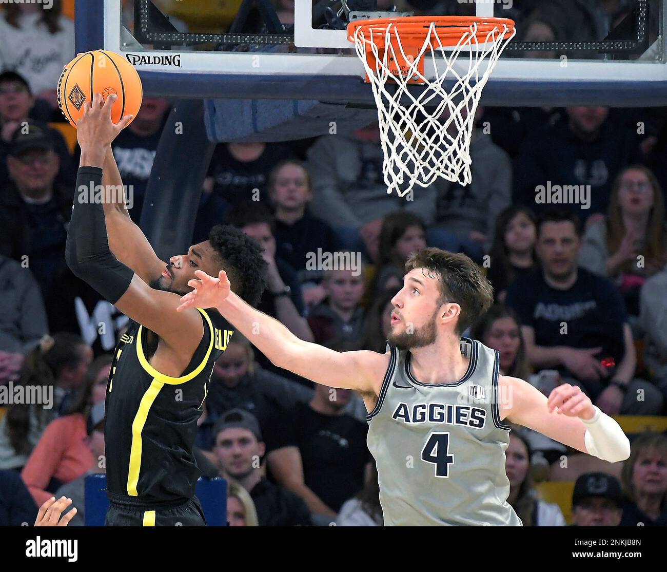 Oregon forward Quincy Guerrier, left, grabs a rebound against Utah ...