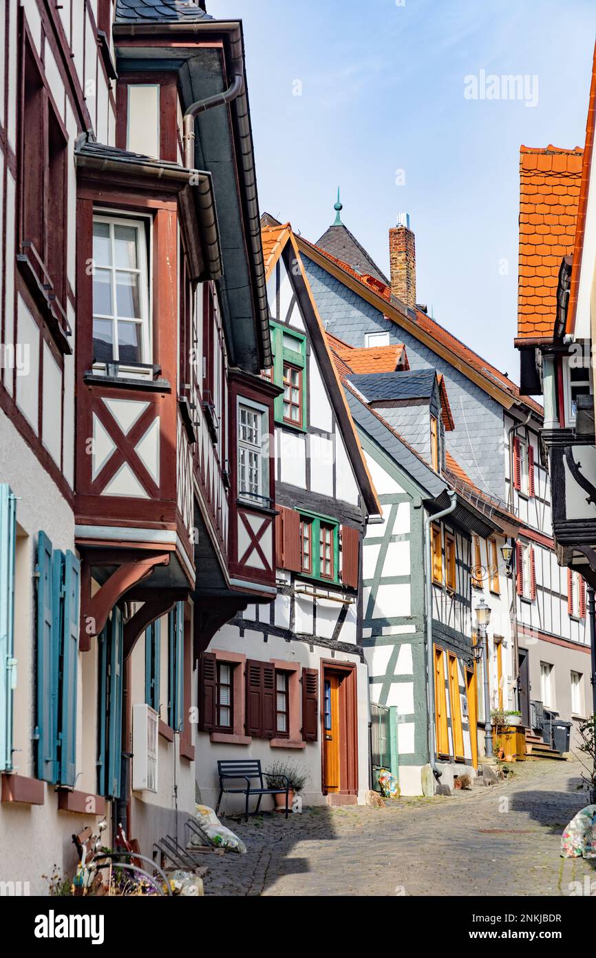 facade of medieval houses in the town of Kronberg, Germany Stock Photo ...
