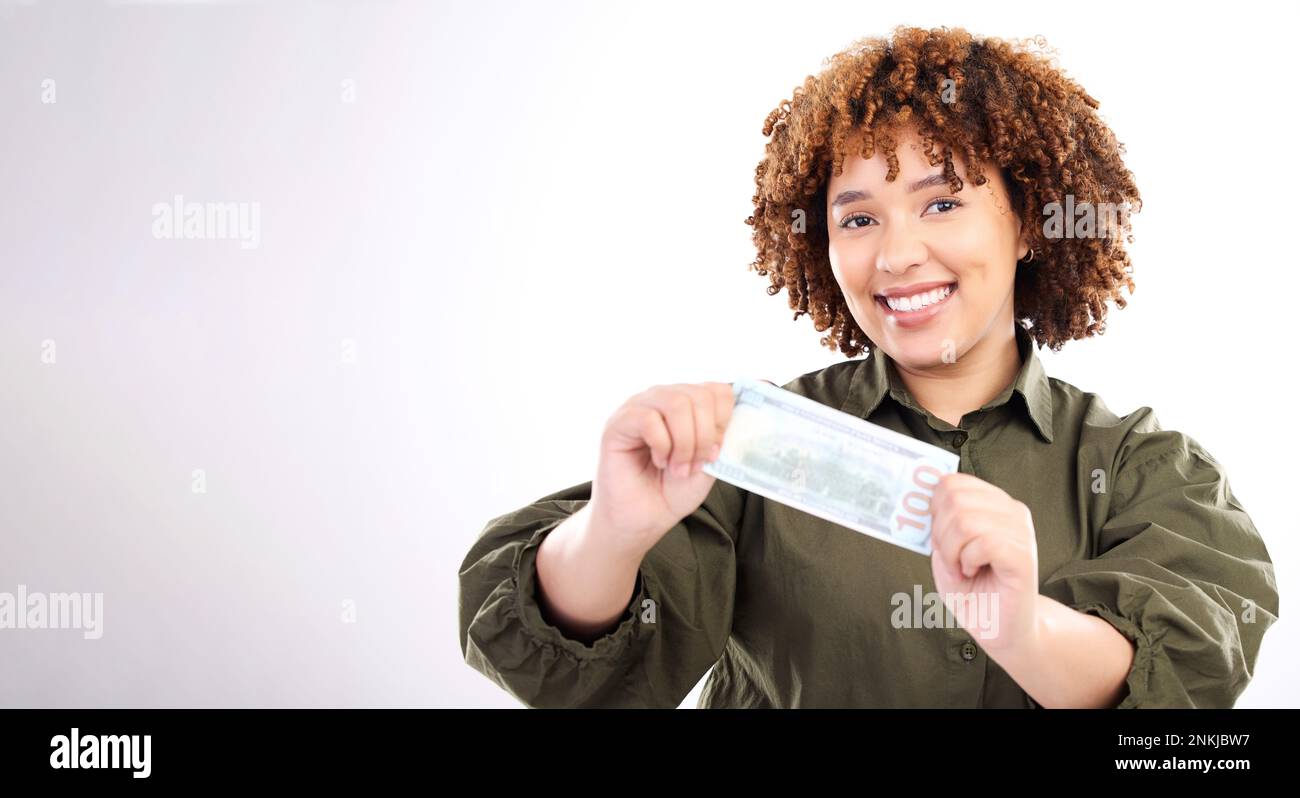 Studio money, portrait smile and African woman winning lotto ...