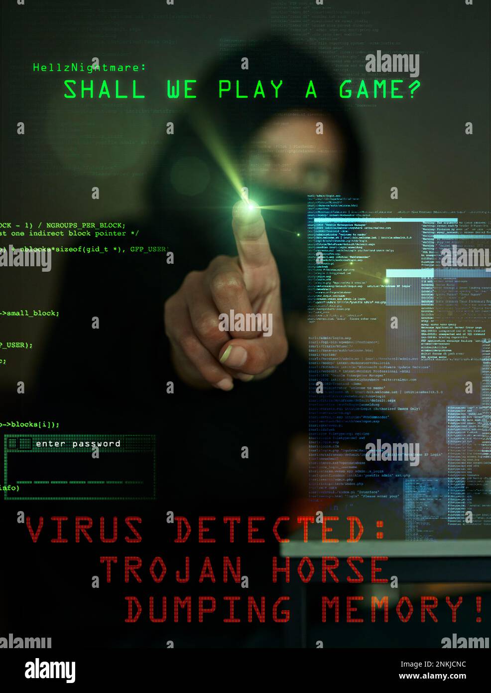 Fingerprint, virus and overlay with a man hacker working on a computer ...