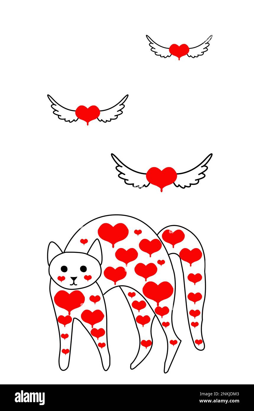 Drawing of a cat with hearts for Valentine's Day Stock Photo - Alamy