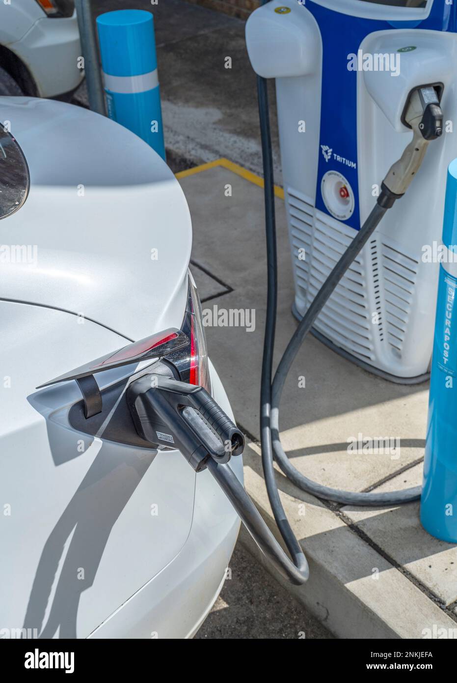 Tesla electric vehicle being recharged at the NRMA EV Charger behind ...
