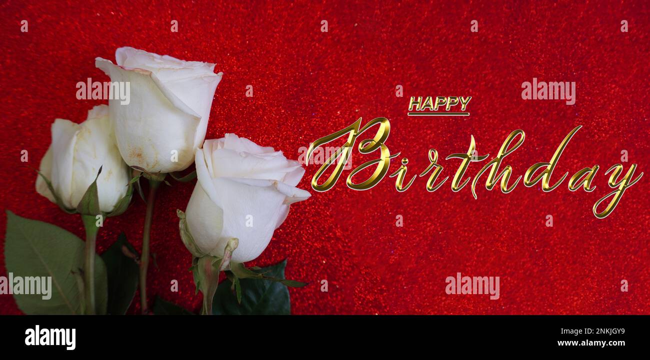 happy birthday card with flowers white roses Stock Photo - Alamy