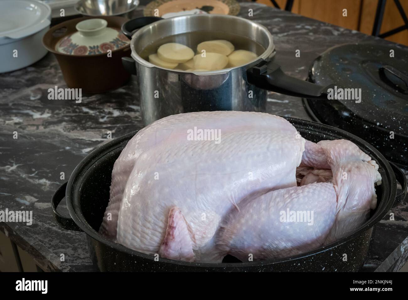 Turkey carcass in roasting pot on kitchen counter with other pots, in preparation for cooking ...