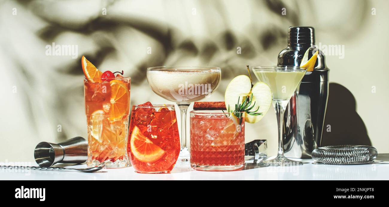 Cocktail party. Bright fruity and citrus alcoholic drinks with gin ...