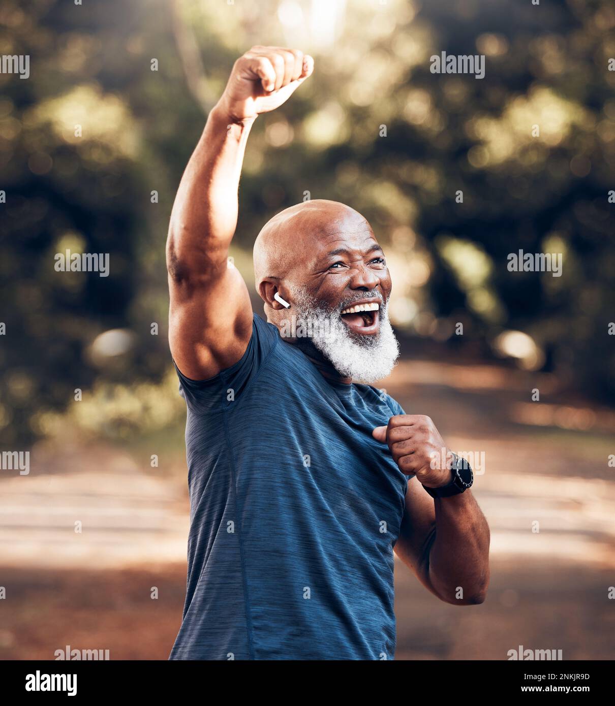 Park, success and running, winning black man excited and celebration at ...
